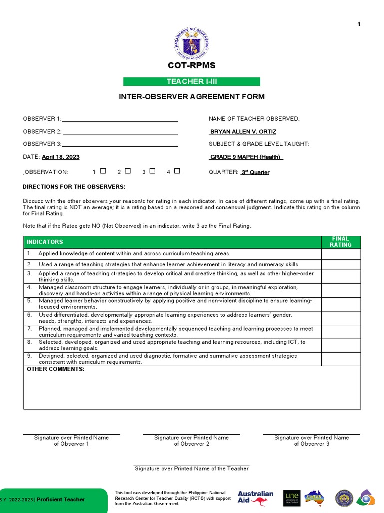 Appendix C 09 COT RPMS Inter Observer Agreement Form For T I III For SY 2022 2023 ORTIZ | PDF ...