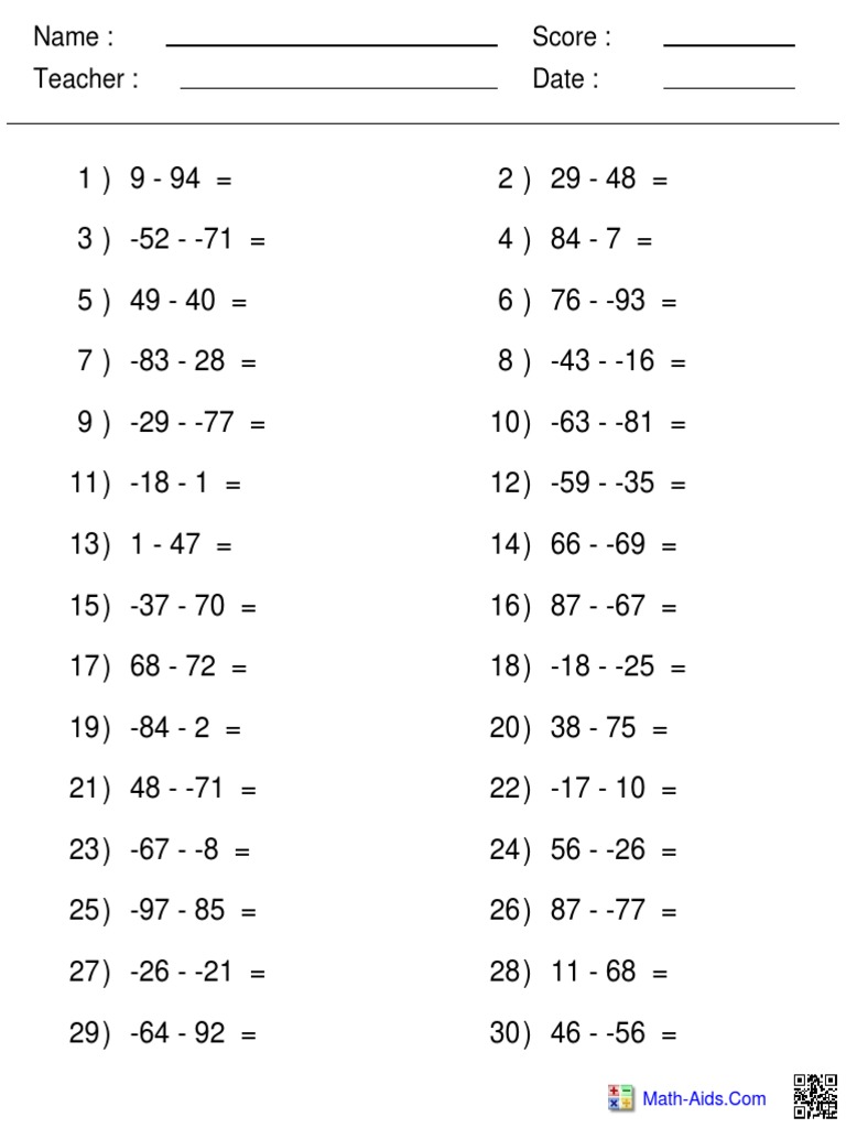 Subtracting Integers | PDF