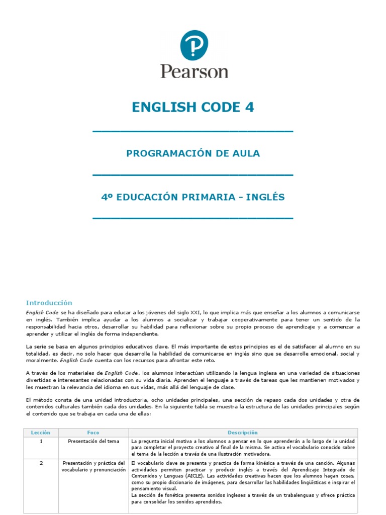 English Code 4 - Programacion Aula | Descargar gratis PDF | Lingüística | Cognición