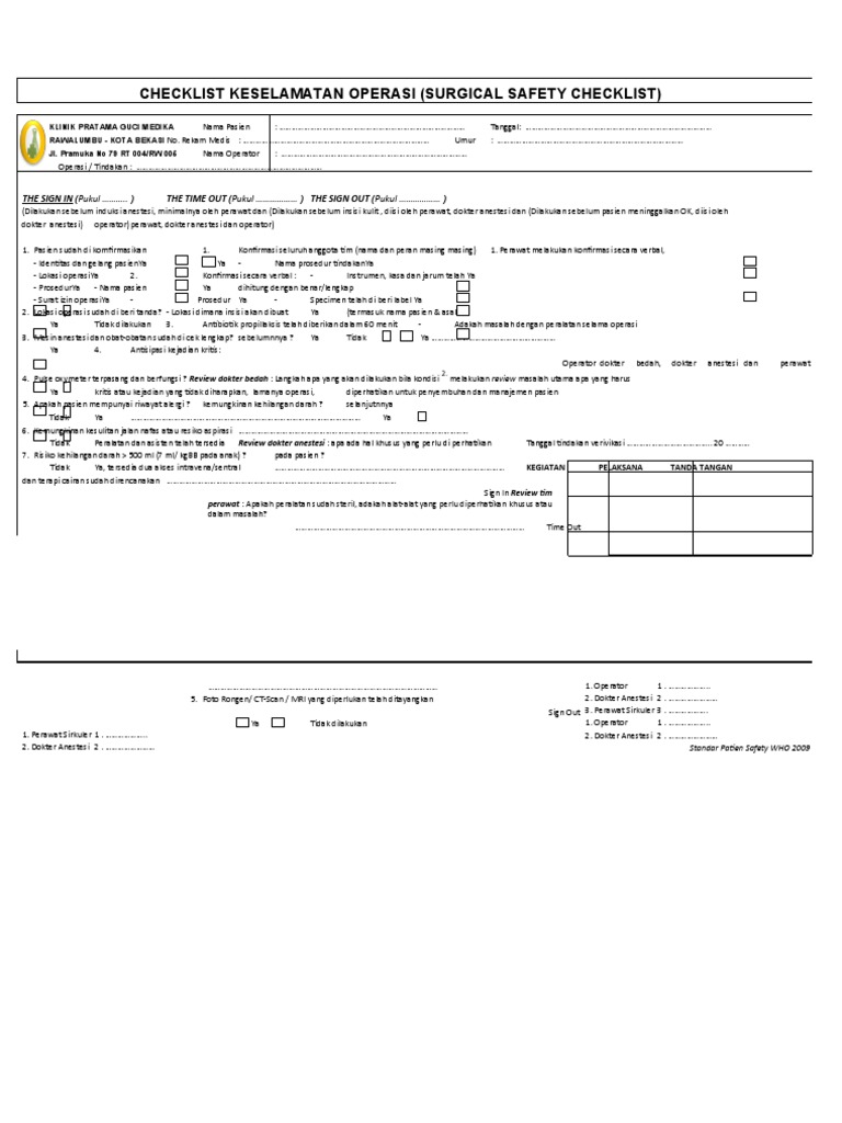 10.2 CheckList Keselamatan Operasi Time Out GUCI MEDIKA | PDF | Sains ...