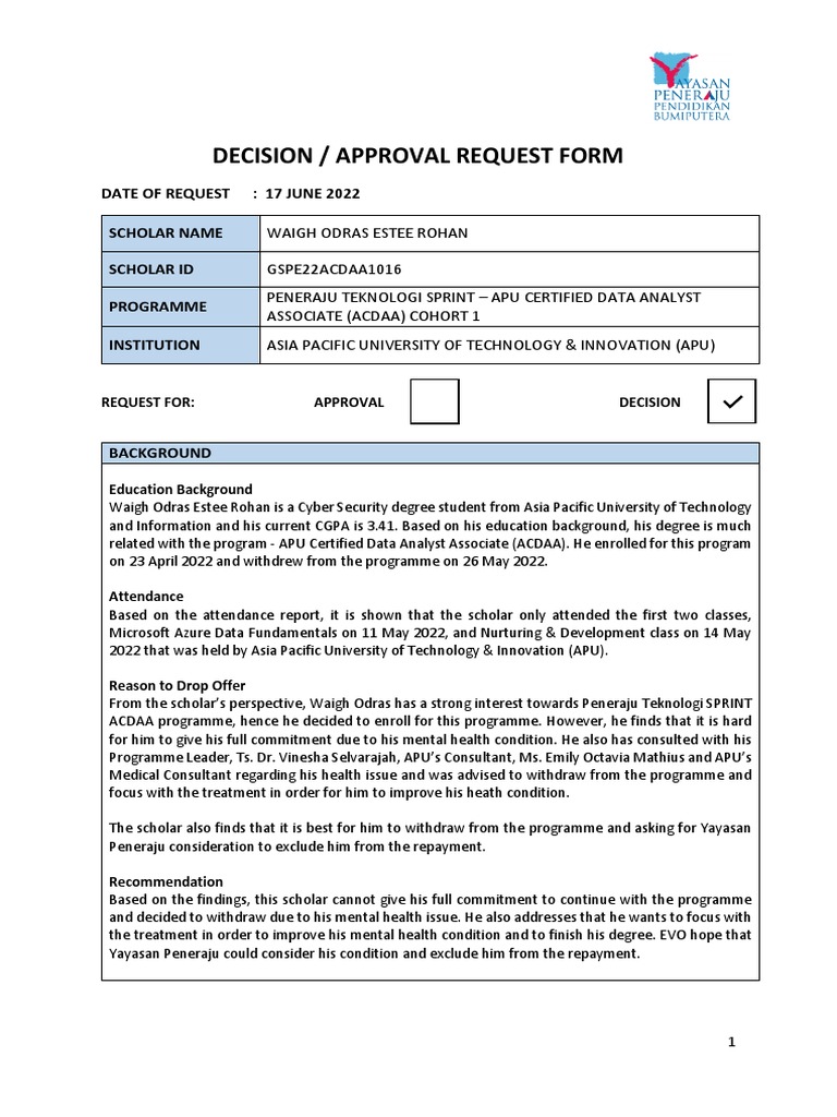 WAIGH ODRAS ESTEE ROHAN - Decision Approval Request Form - v1 - DHV | PDF