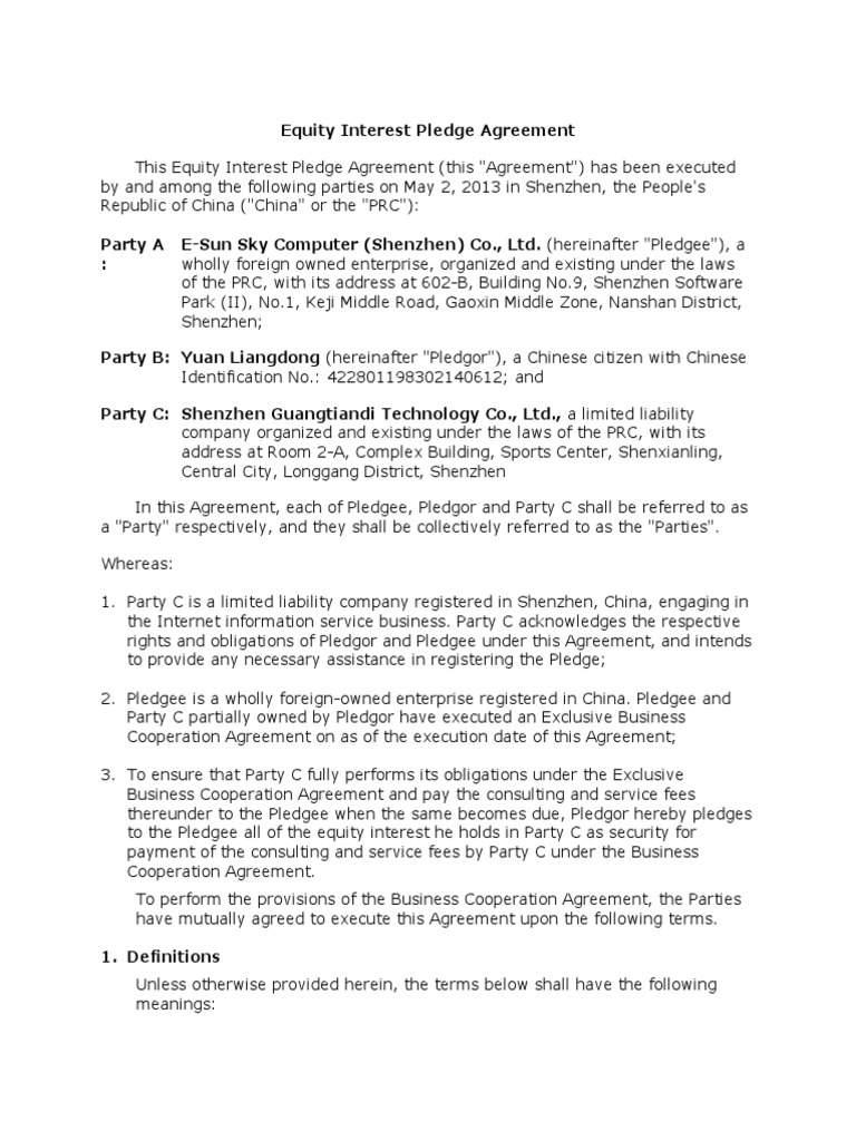 Equity Interest Pledge Agreement | PDF | Arbitration | Security Interest