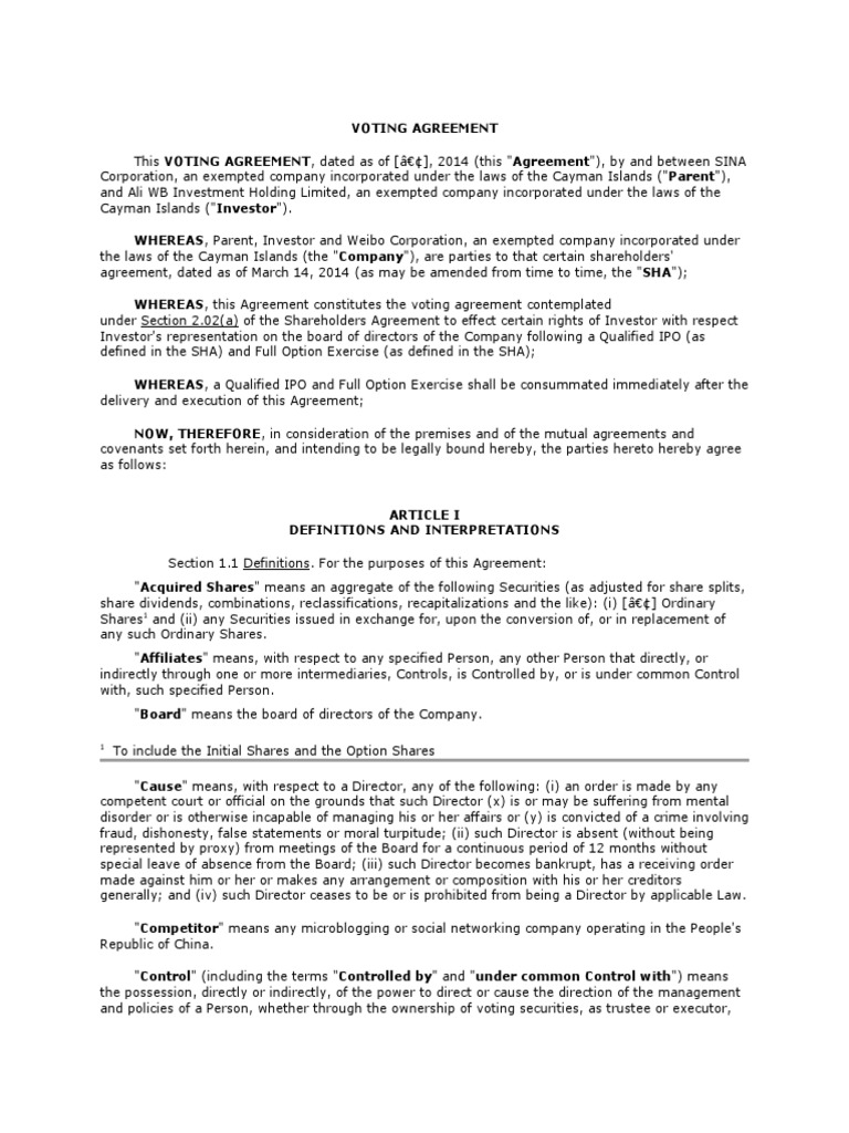 VOTING AGREEMENT (Sina & Ali) | PDF | Arbitration | Securities (Finance)