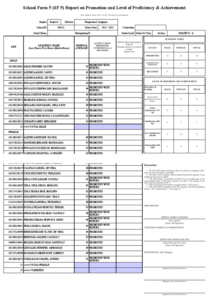 SF5 - 2022 - Grade 10 (Year IV) - GRADE 10 - A | PDF