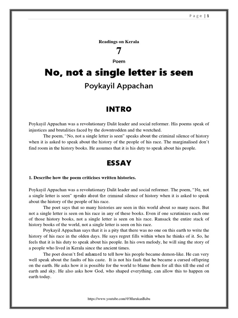 Poykayil Appachan COMPLETE NOTES | PDF