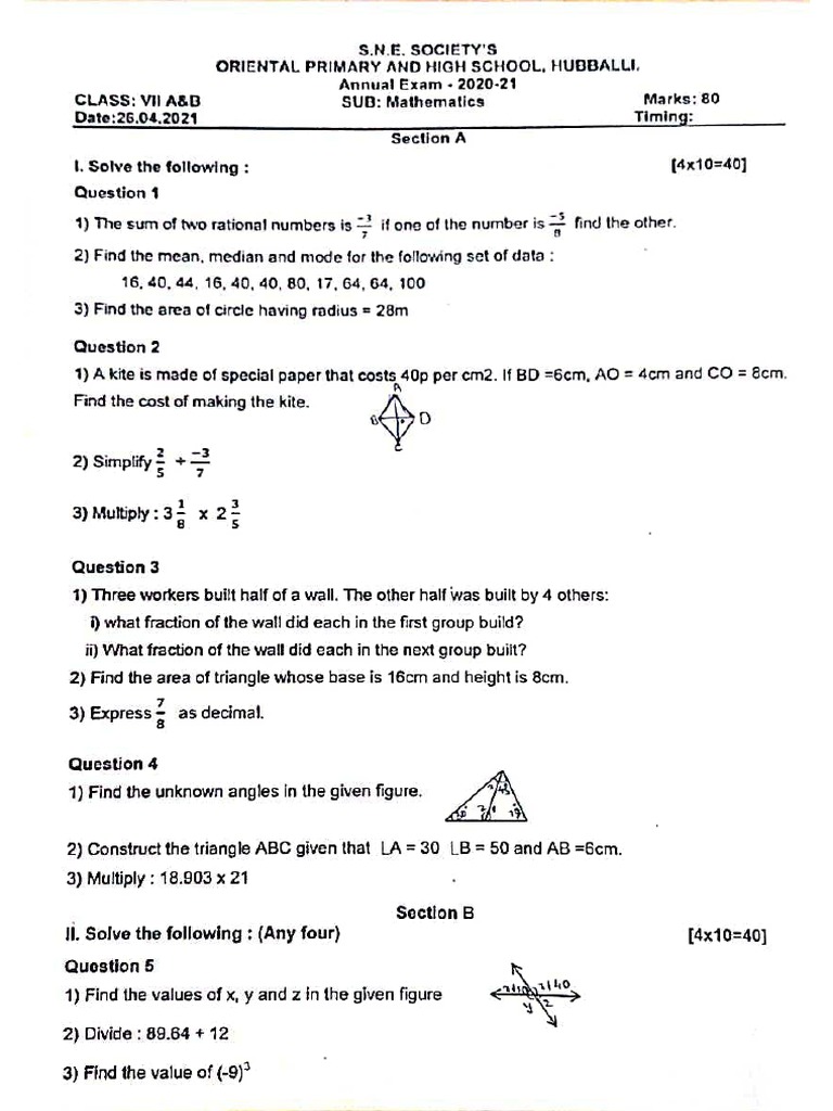 Class 7 Maths Annual Exam Paper | PDF | Area | Numbers