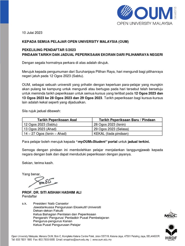Pekeliling Pendaftar 5-2023-Pindaan Tarikh Dan Jadual Peperiksaan ...