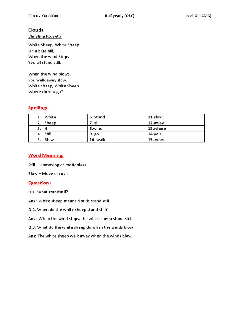Clouds Poem Questions & Answers | PDF | Language Arts & Discipline