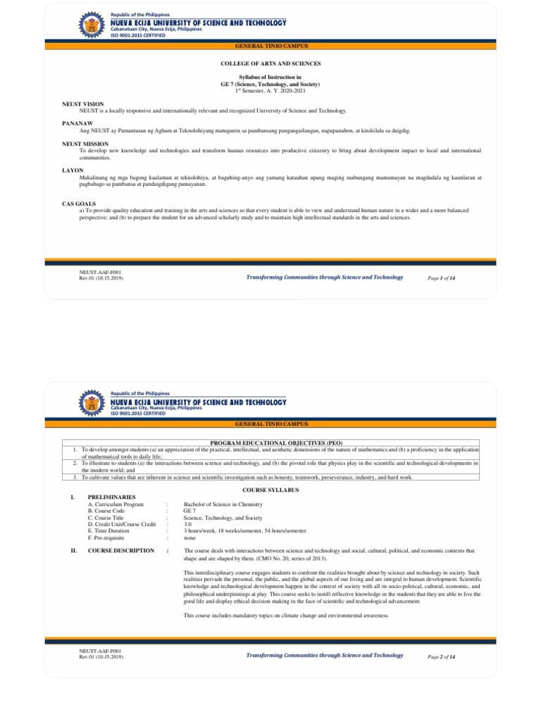 Ge7 Syllabus 1st Sem Ay 2020 2021 3 Compress | PDF | Science | Genetically Modified Organism