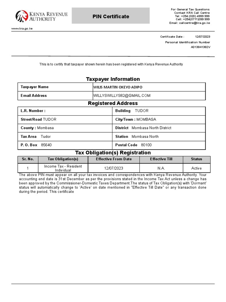 My Kra Pin | PDF | Taxes | Personal Identification Number