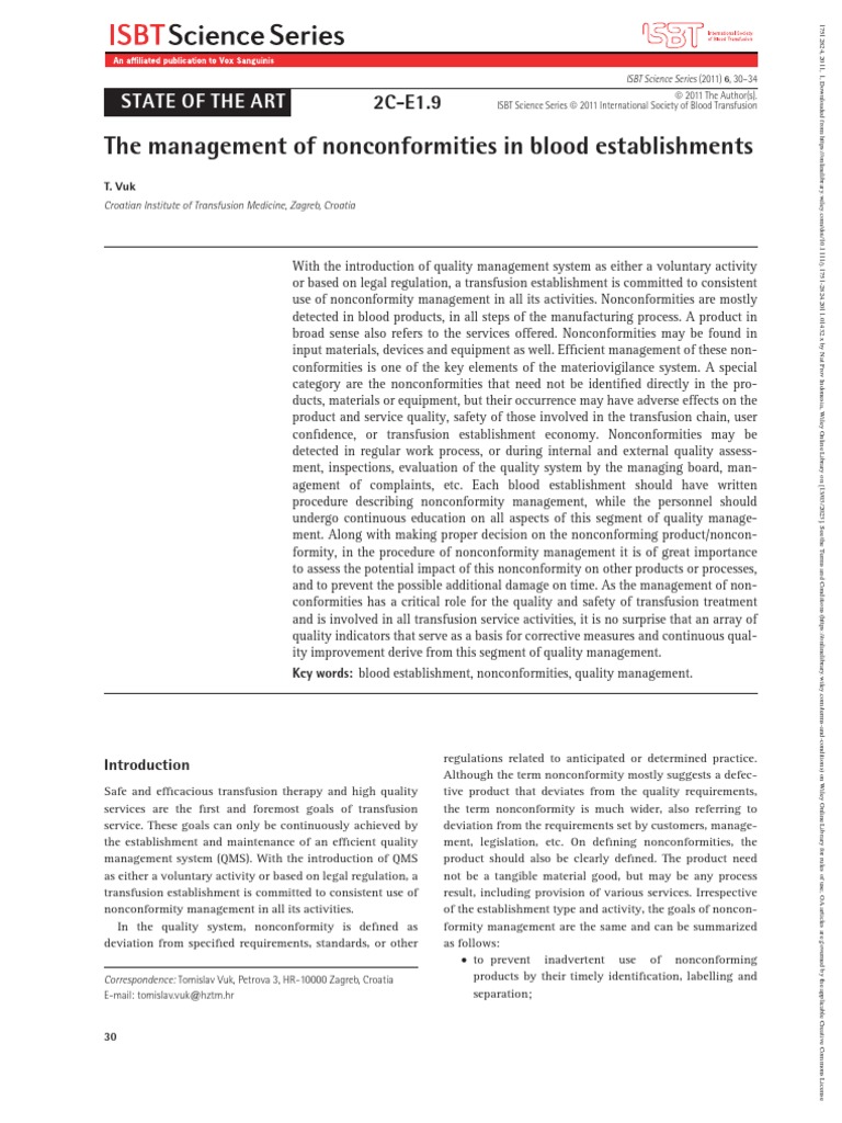 ISBT Science Series - 2011 - Vuk - The Management of Nonconformities in ...