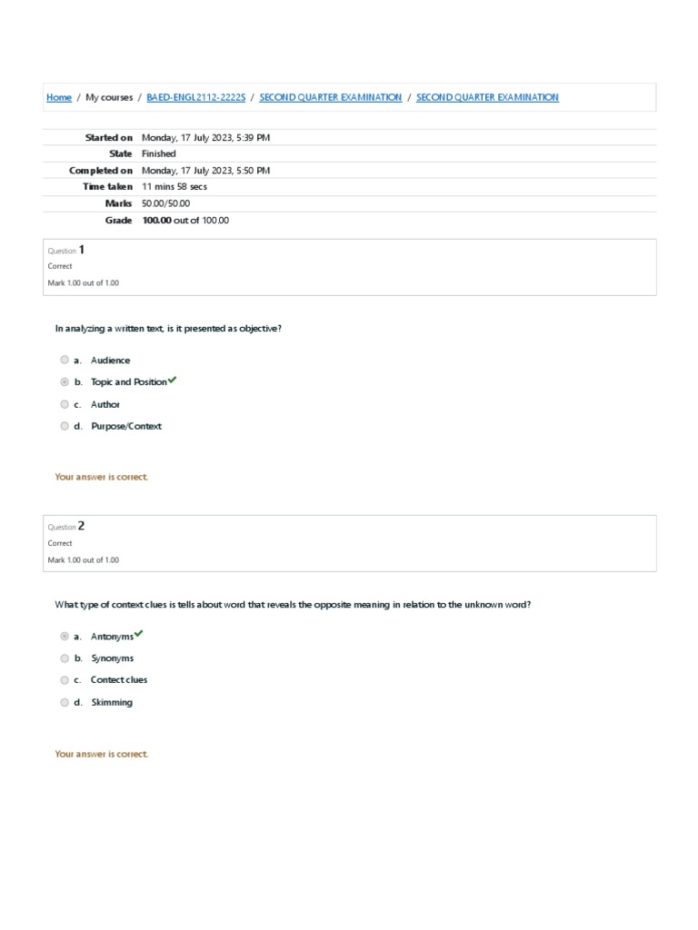 Reading and Writing Skills 2nd Quarter Exam | PDF | Speed Reading ...