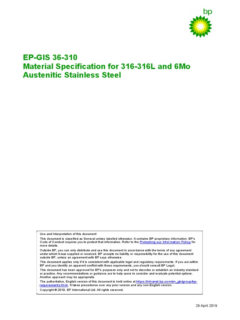 EP-GIS 36310 - (MATERIAL SPEC FOR 316 316L and 6mo AUSTENITIC SS) | PDF ...