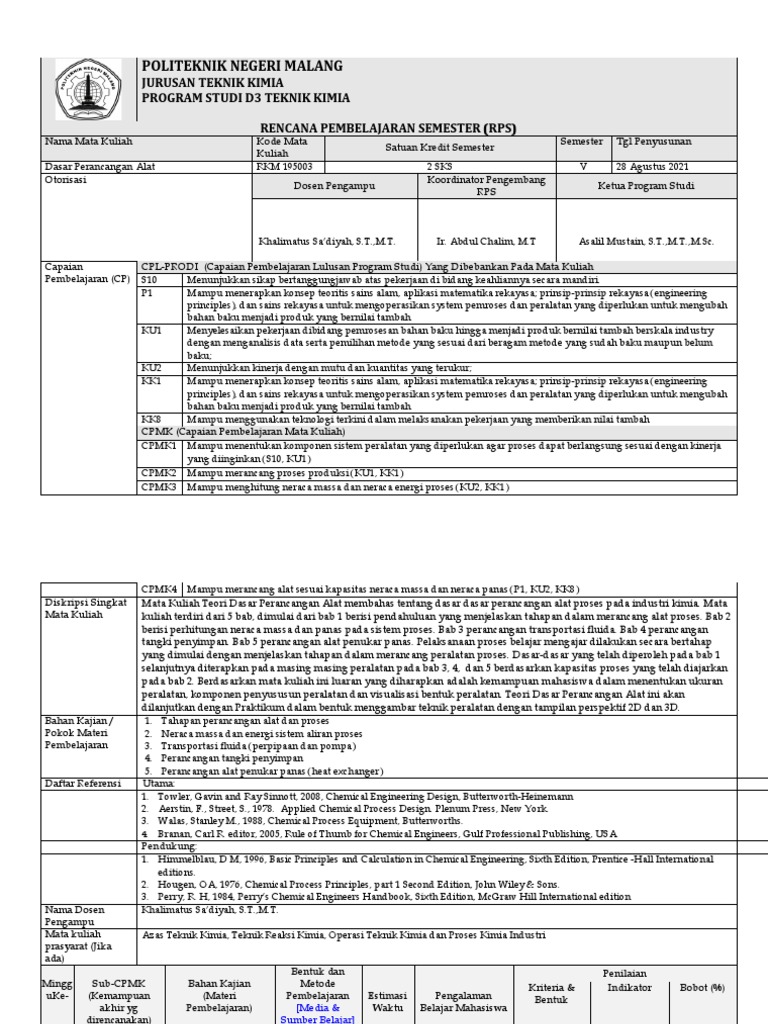 RPS-Dasar Perancangan Alat (DPA) - 2021 | PDF