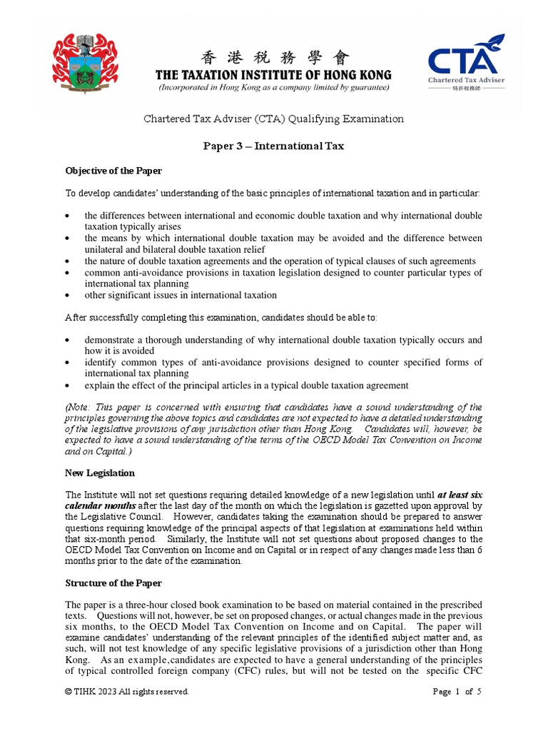 2023 CTA Exam - Paper 3 Syllabus - Mar23 | PDF | Double Taxation | Taxes