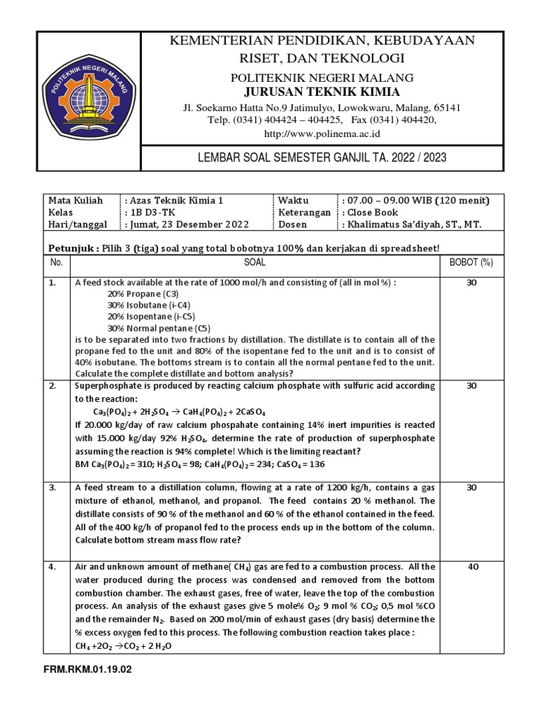 Soal UAS ATK 1 2022 - 2023 D3 TK | Download Free PDF | Methane | Chemical Industry