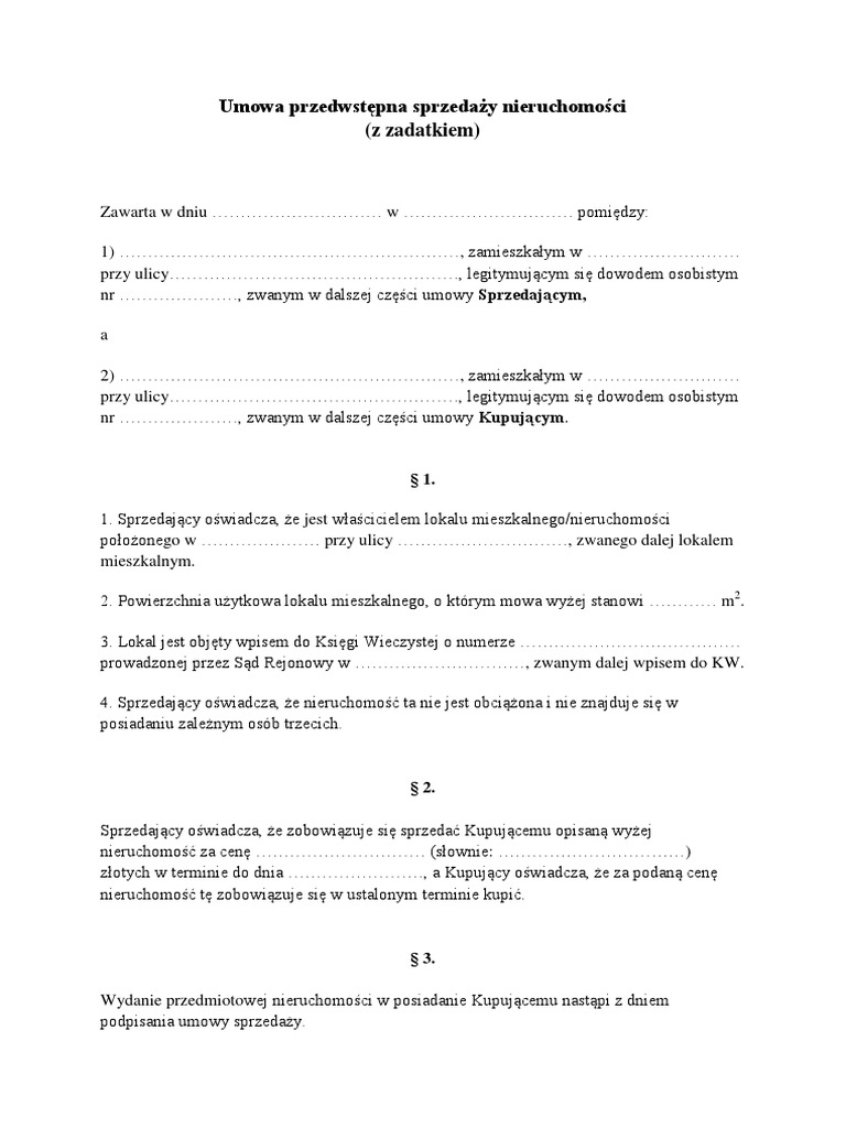 Umowa Przedwstepna Sprzedazy Mieszkania Z Zadatkiem Wzór | PDF