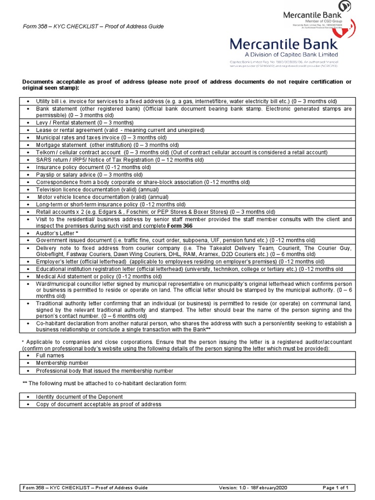 Form 358 KYC CHECKLIST - Proof of Address Guide | PDF | Lease | Private Law