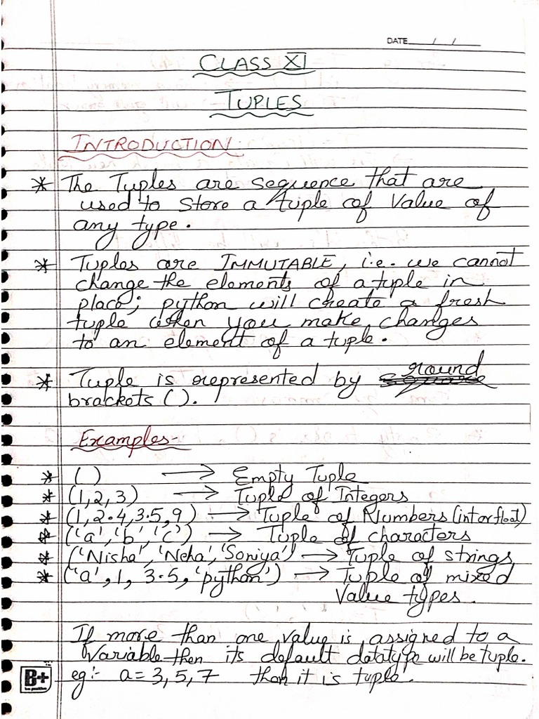 Class 11 Tuples Notes Pdf