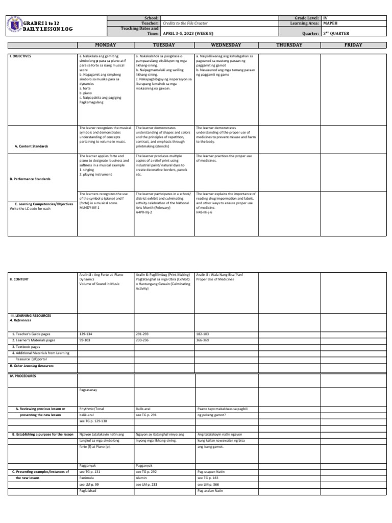 DLL Mapeh-4 Q3 W8 | PDF | Learning
