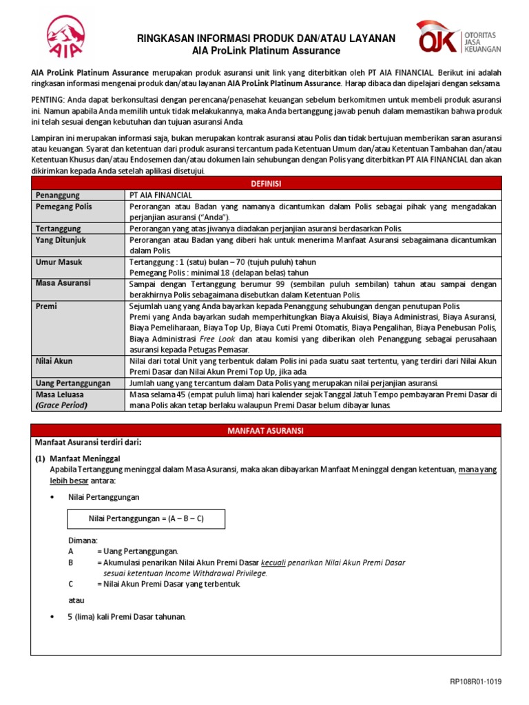 Ringkasan Produk AIA ProLink Platinum Assurance - RP108R01-1019 (Rev) | PDF