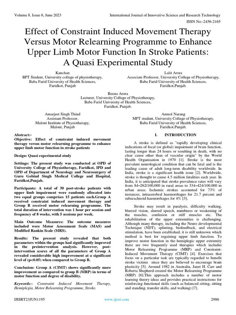 Effect of Constraint Induced Movement Therapy Versus Motor Relearning Programme To Enhance Upper ...
