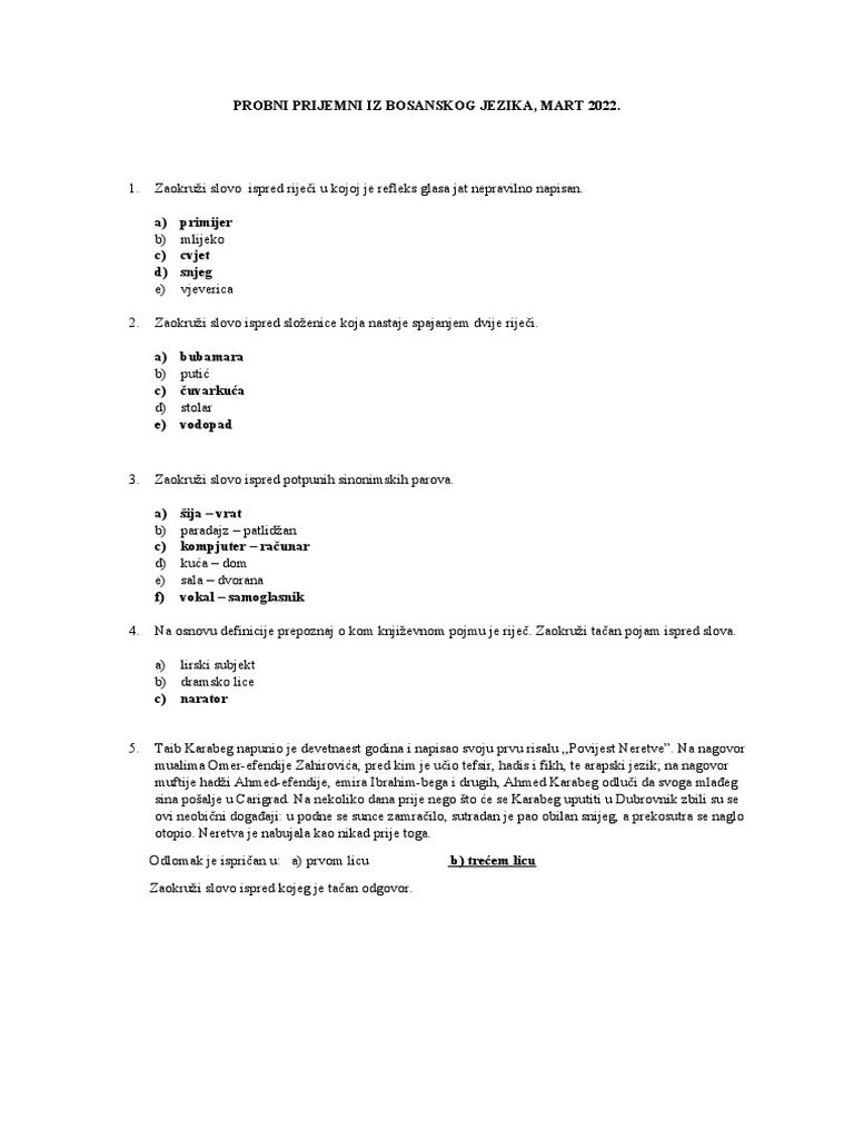 Probni Prijemni Iz Bosanskog Jezika | PDF