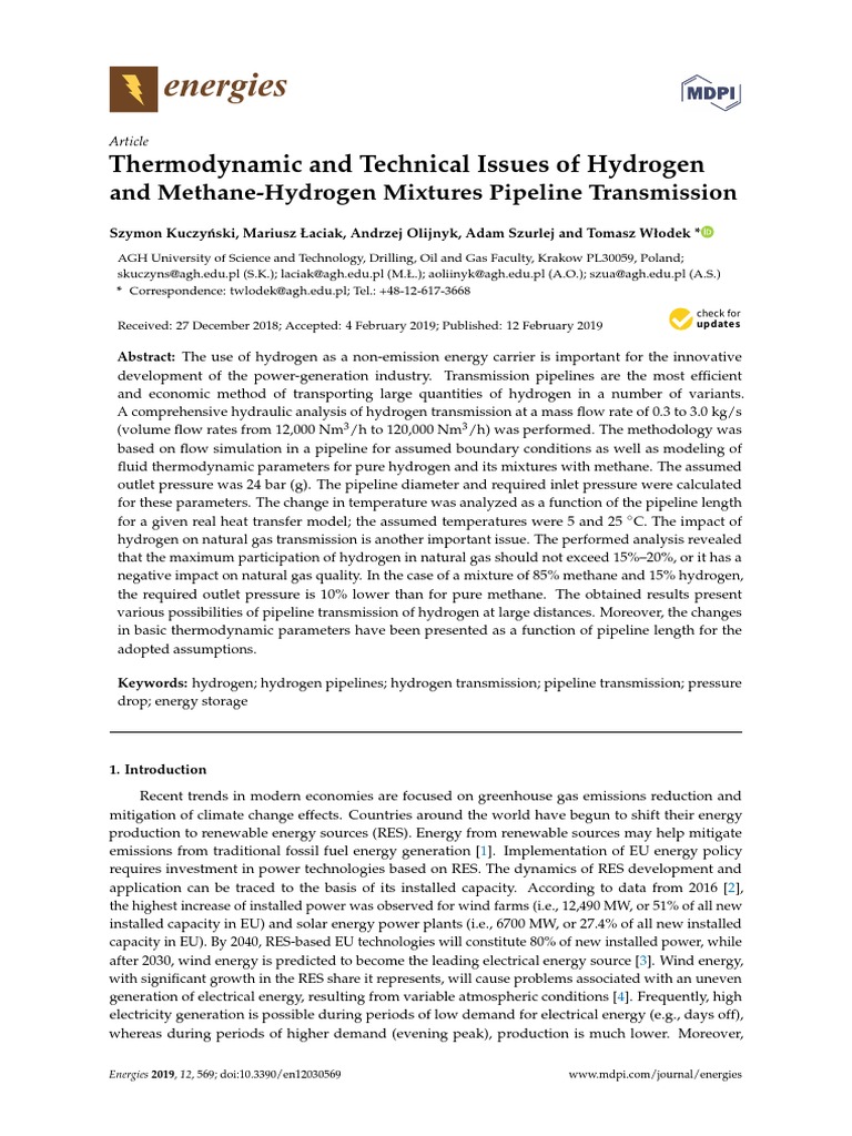 Thermodynamic and Technical Issues of Hydrogen and Methane-Hydrogen Mixtures Pipeline ...