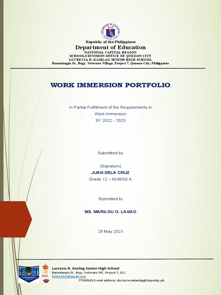 Work Immersion Portfolio: Juan Dela Cruz | PDF
