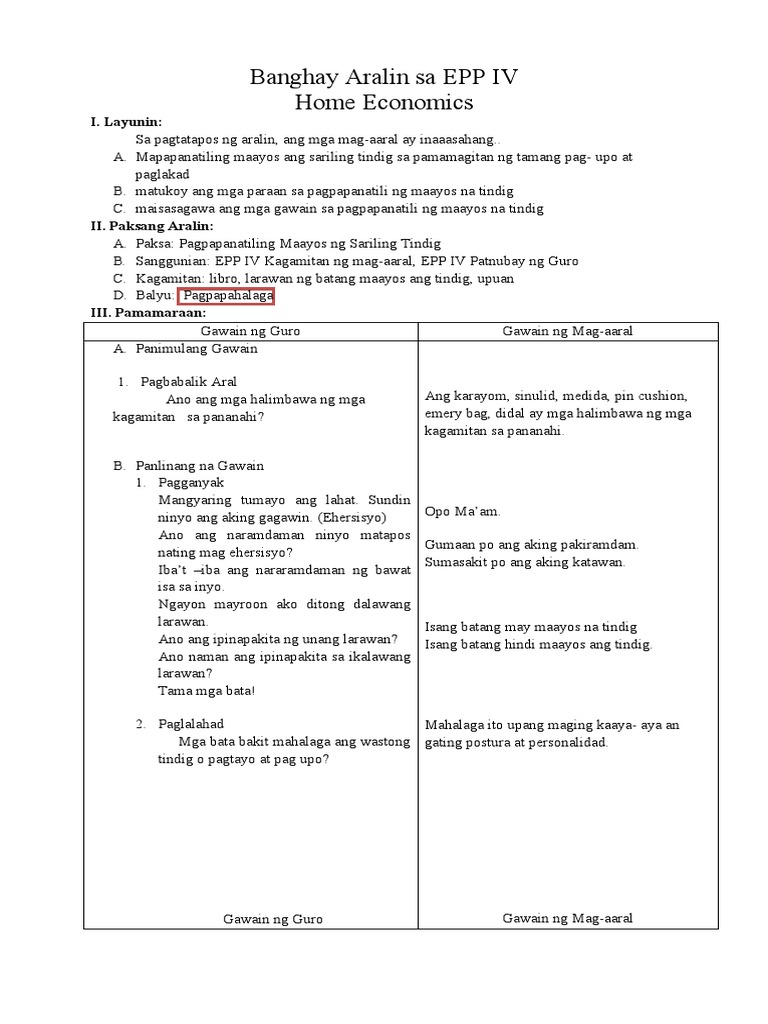Banghay Aralin Sa EPP IV Pagpapanatiling Maayos NG Sariling Tindig | PDF
