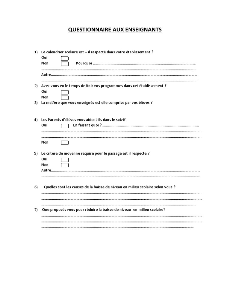 Questionnaire Enseignants: Respect Calendrier et Suivi Élèves | PDF