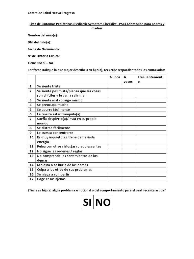 Lista de Síntomas Pediátricos (Pediatric Symptom Checklist - PSC) Adaptación para Padres y ...