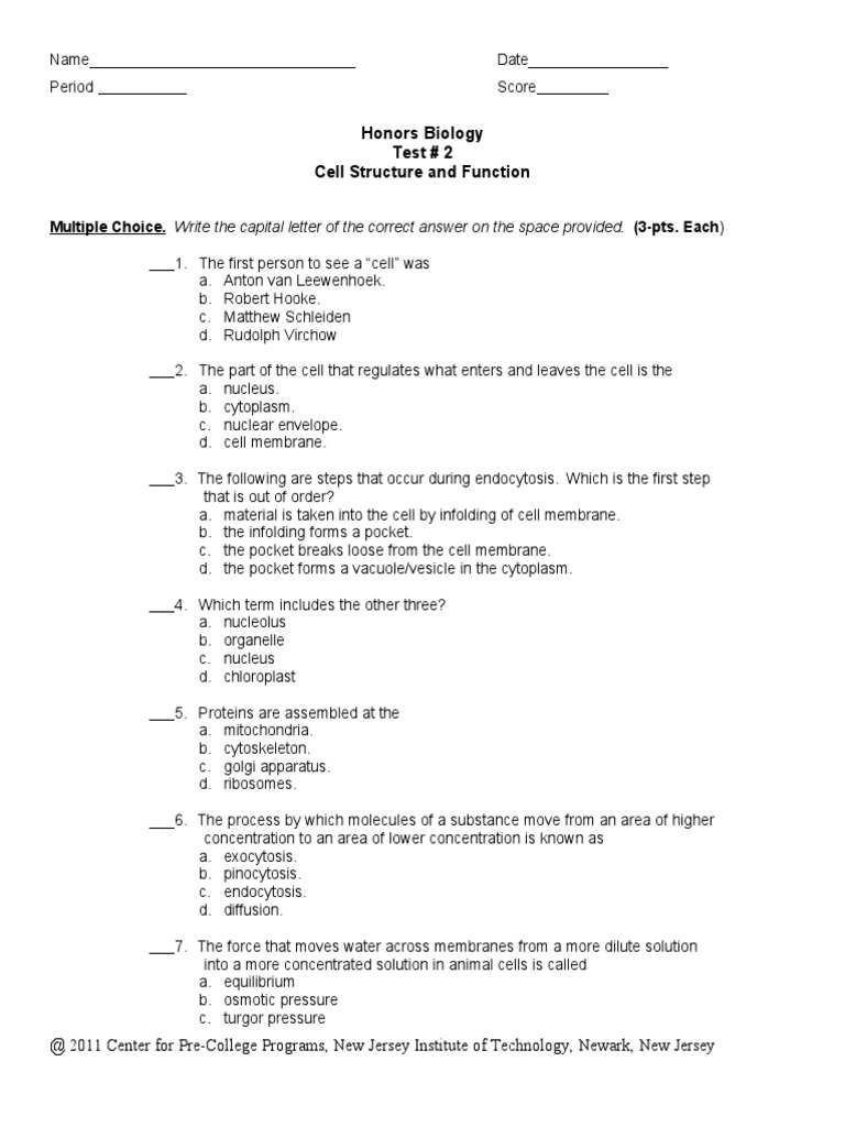 Cell Membrane Test Exervice M1 | PDF | Cell (Biology) | Lipid Bilayer