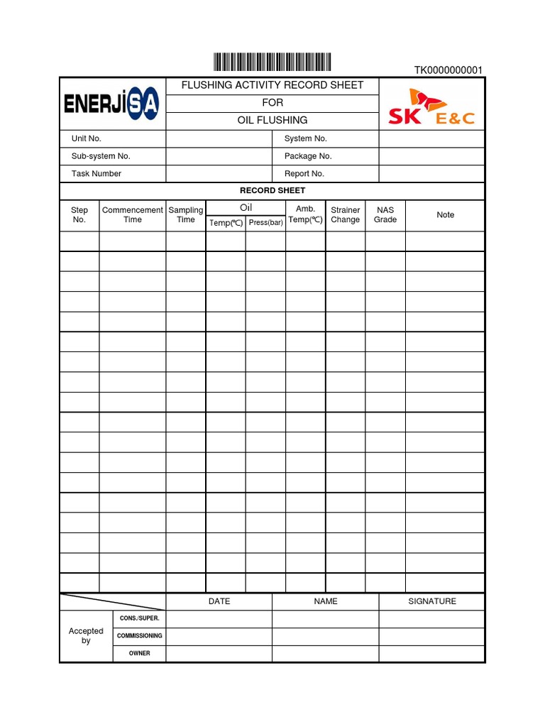 Appendix 4. Record Sheet For Oil Flushing Activity | PDF