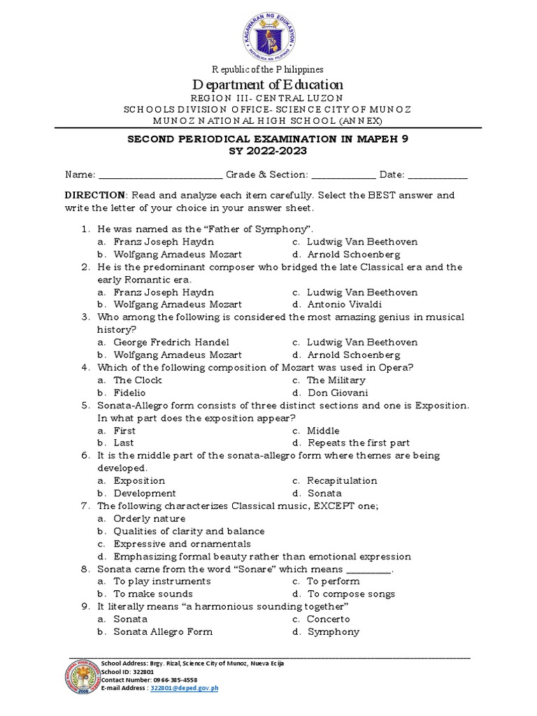 Mapeh 9 - Q2 - Periodical Examination | PDF | Classical Period (Music) | Performing Arts