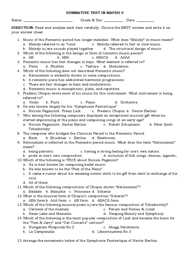 MAPEH 9 Summative Test and Answer Key | PDF | Romantic Music | Romanticism