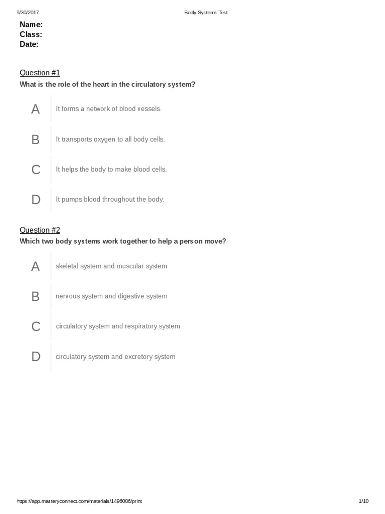 Body Systems Test | PDF | Human Body | Respiratory System