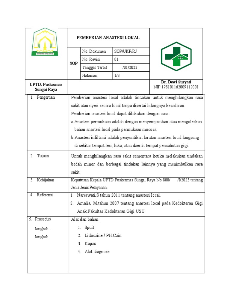 Anastesi Lokal: SOP Puskesmas | PDF | Kesehatan Holistik