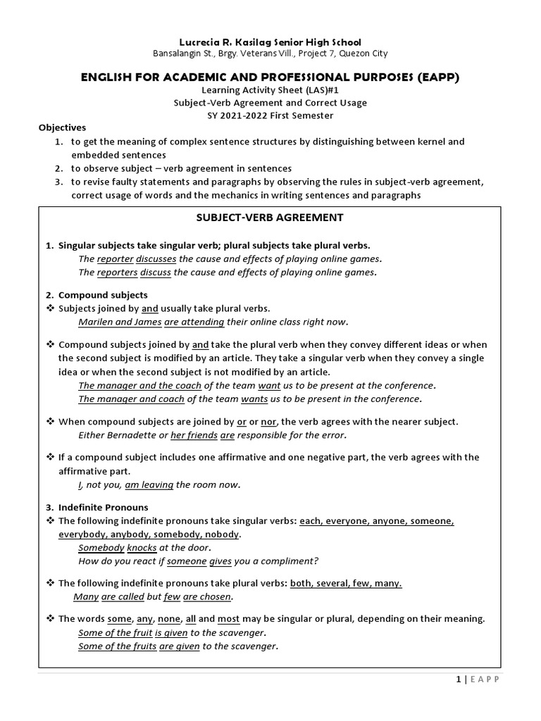 LAS #1 - Subject-Verb Agreement and Correct Usage | PDF | Grammatical ...
