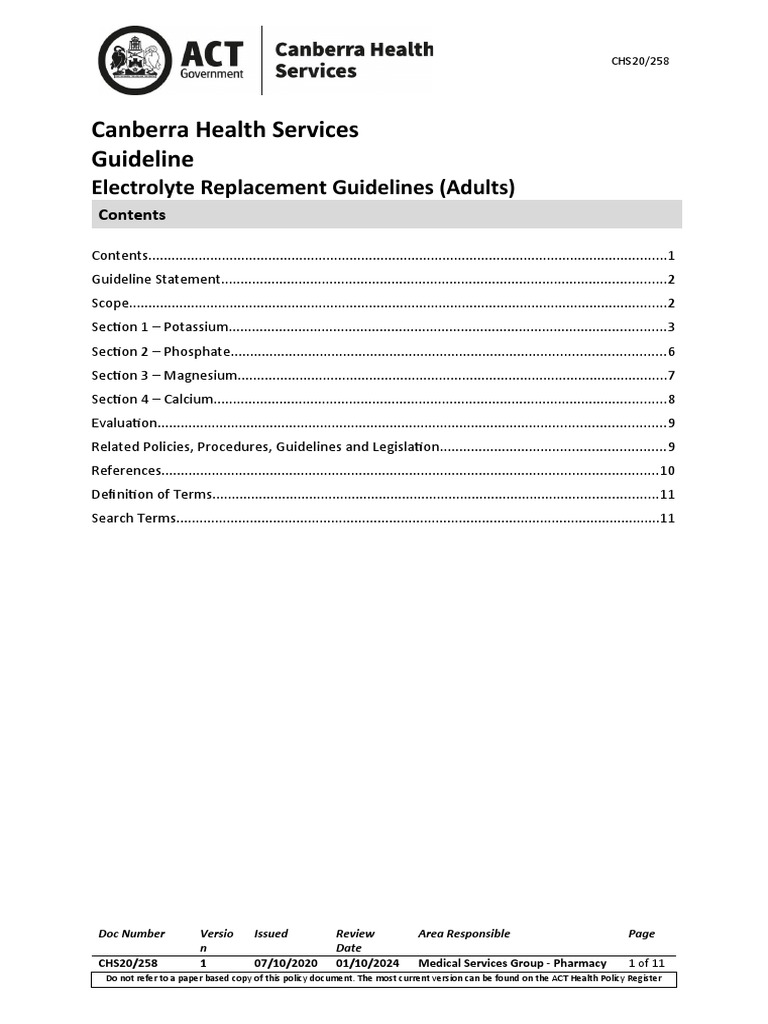 Electrolyte Replacement Guidelines for Adults | PDF | Intravenous ...