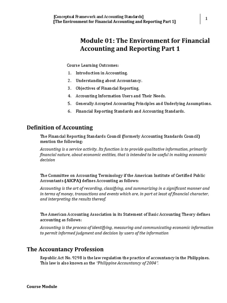 W1 Module 1 The Environment For Financial Accounting and Reporting ...