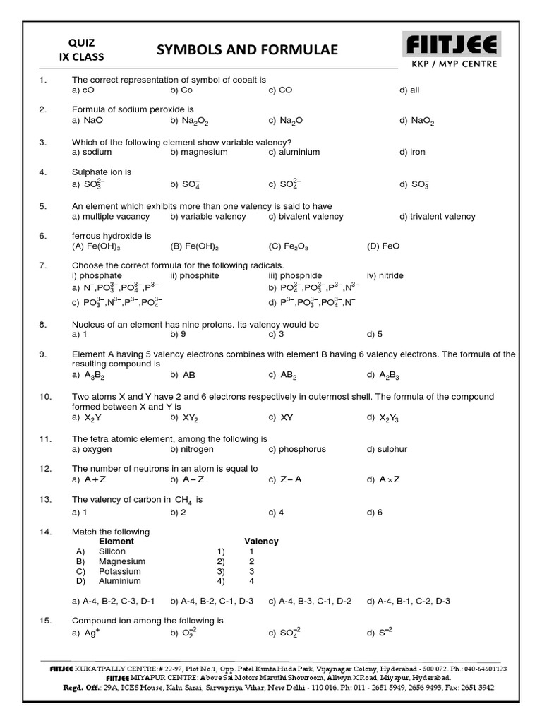 Class 9 Chemical Formula Quiz | PDF | Ion | Valence (Chemistry)