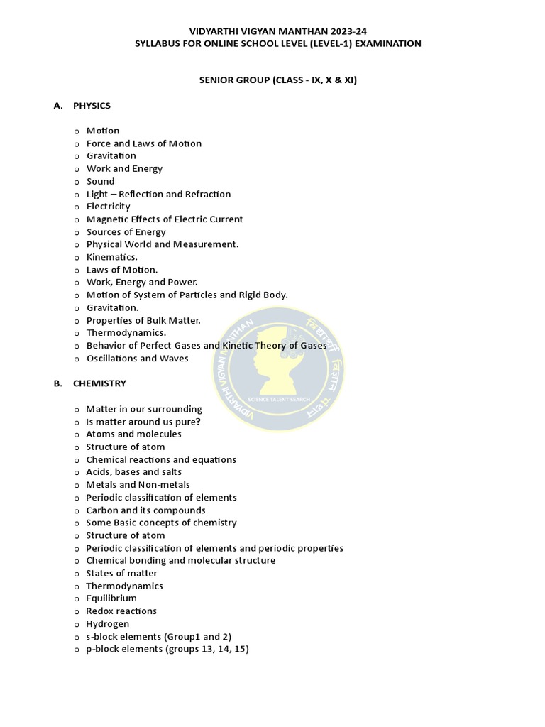 Final VVM 2023 24 Syllabus Senior Group | PDF | Chemistry | Chemical Elements