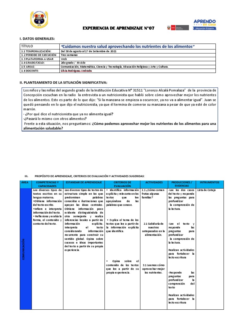Experiencia de Aprendizaje N°7 Segundo Grado | PDF | Alimentos | Dios