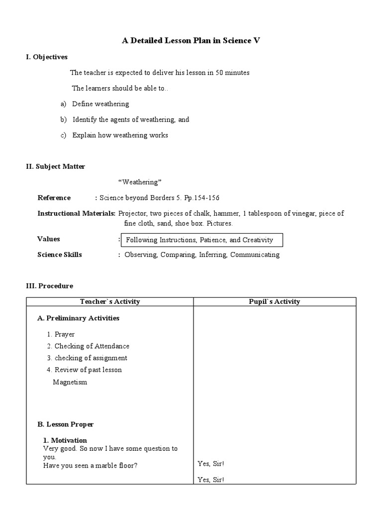 Lesson Plan Science V | PDF | Weathering | Rock (Geology)