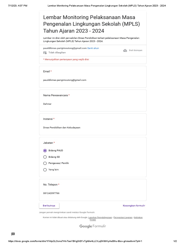Lembar Monitoring Pelaksanaan Masa Pengenalan Lingkungan Sekolah (MPLS) Tahun Ajaran 2023 - 2024 ...