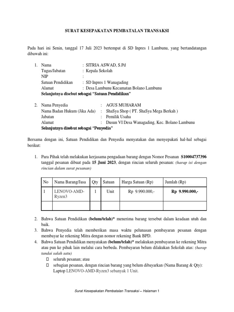 Surat Kesepakatan - Pembatalan Sepenuhnya Pesanan Setelah BAST | PDF