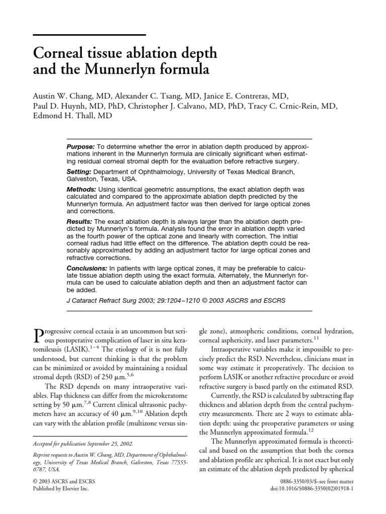 Corneal Tissue Ablation Depth and The Munnerlyn Formula | PDF | Cornea ...