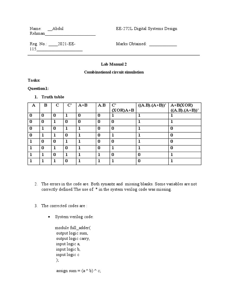 Dsd Lab Report 2 1 Pdf Computer Engineering Electronic Circuits