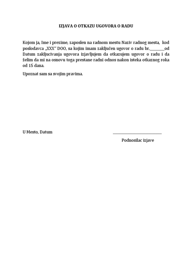 Izjava o Otkazu Ugovora o Radu | PDF